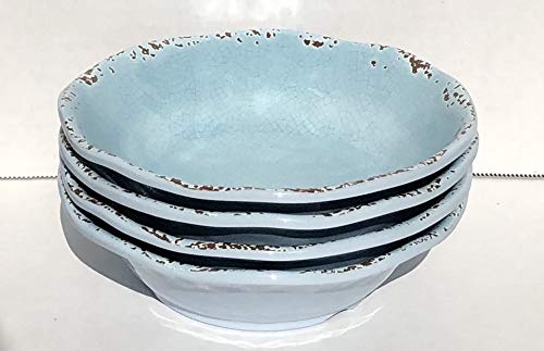 Tommy Bahama 100% Melamine 4-Cereal/Soup Bowls (7” Diameter x 2” Deep) RUSTIC CRACKLE LIGHT BLUE