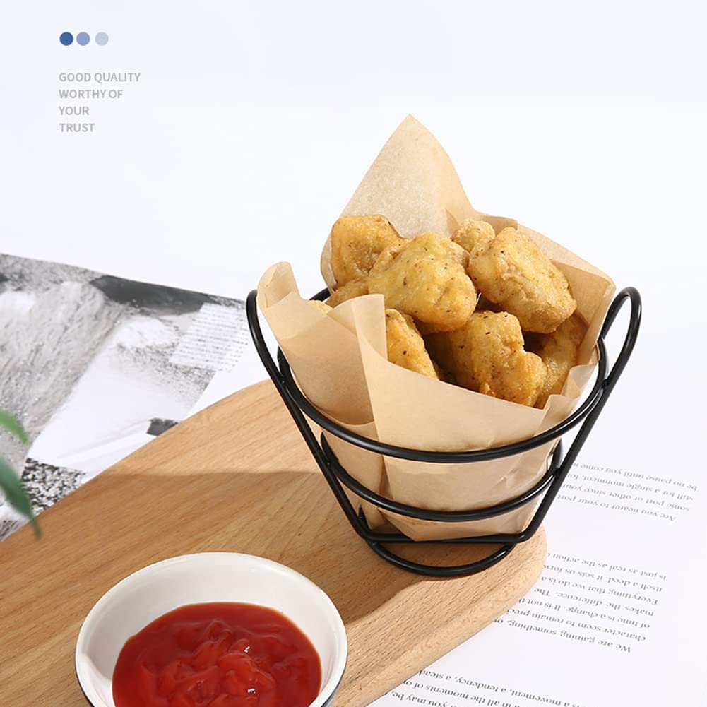 luzen 2Pcs Wire Metal French Fries Stand Rack Holder Chips Snack Fried Chicken Cone Basket for Kitchen Bar Restaurant Party Supplies, Black