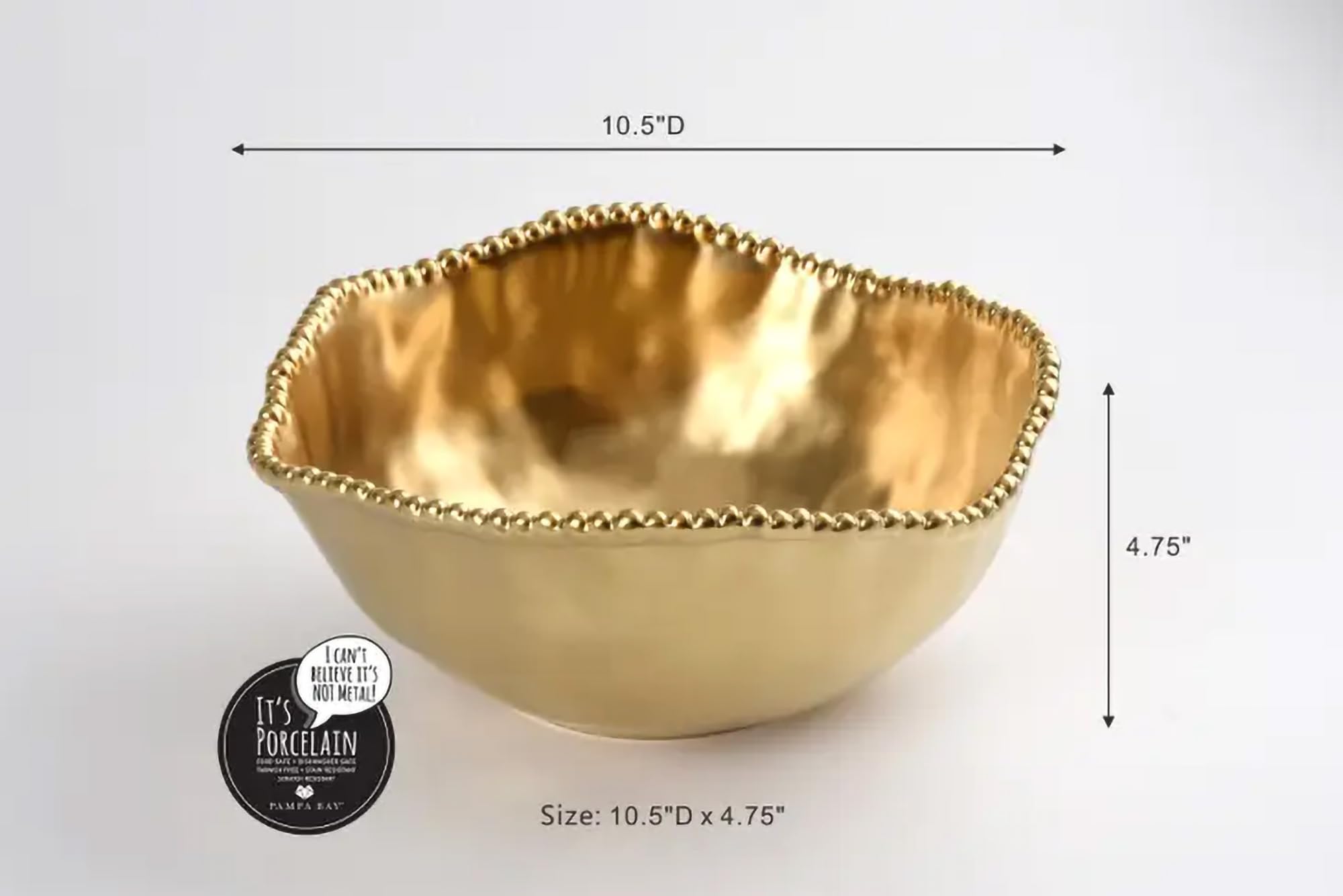 Pampa Bay Titanium-Plated Porcelain Large Salad Bowl, 10.5 Inch, Matte Gold Tone, Oven, Freezer, Dishwasher Safe, MCA1721