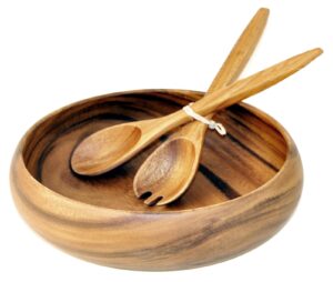 pacific merchants acaciaware acacia wood 10" x 4" round, sustainable, eco-friendly, salad bowl with salad servers, wooden salad bowl