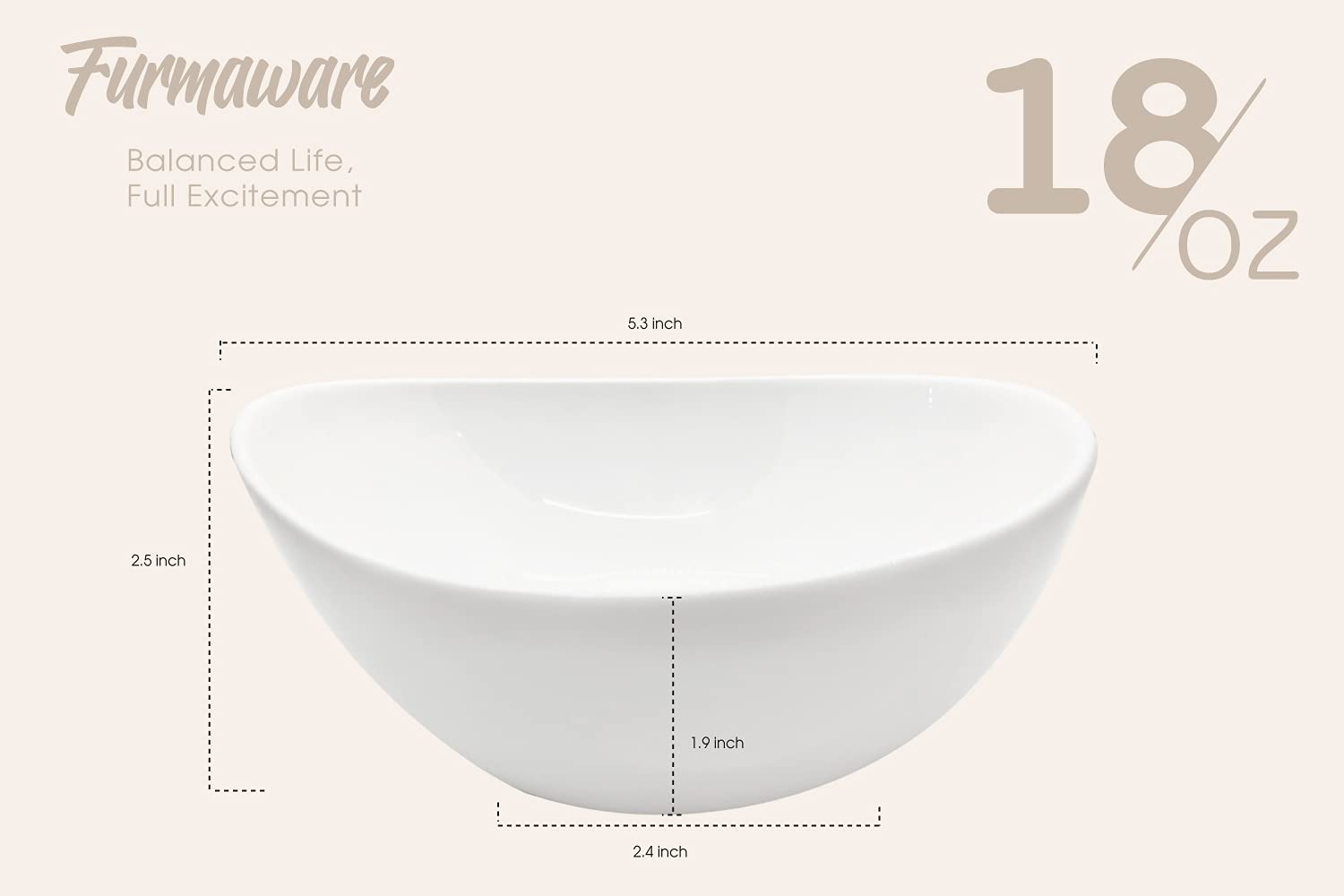 Furmaware Porcelain Bowl Set Sized Perfectly for Cereal, Salads, Ice Cream, Soup, Pasta, Rice and Dessert. Versatile Bowls That Are Chip Resistant, Microwave and Dishwasher Safe - 18 oz - Set or 6