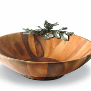 Vagabond House Acacia Wood Large Salad Serving Bowl with Pewter Song Bird 16 inch Diameter x 6 inch Tall