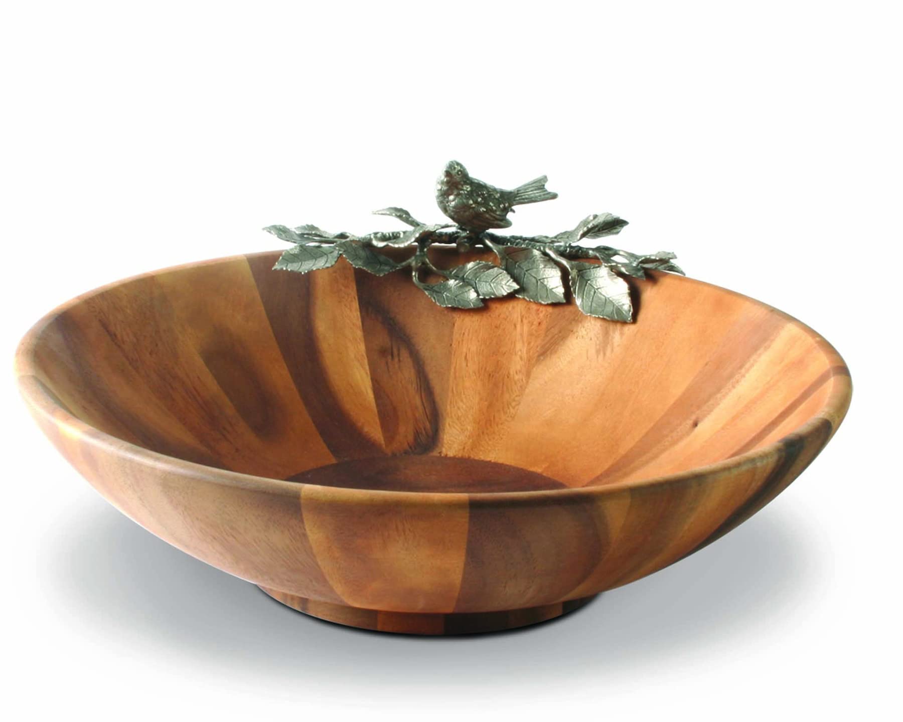 Vagabond House Acacia Wood Large Salad Serving Bowl with Pewter Song Bird 16 inch Diameter x 6 inch Tall