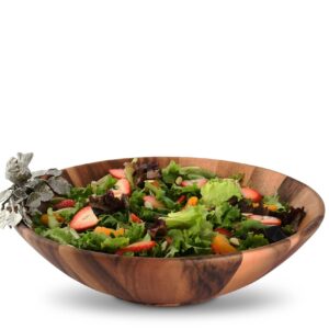 Vagabond House Acacia Wood Large Salad Serving Bowl with Pewter Song Bird 16 inch Diameter x 6 inch Tall