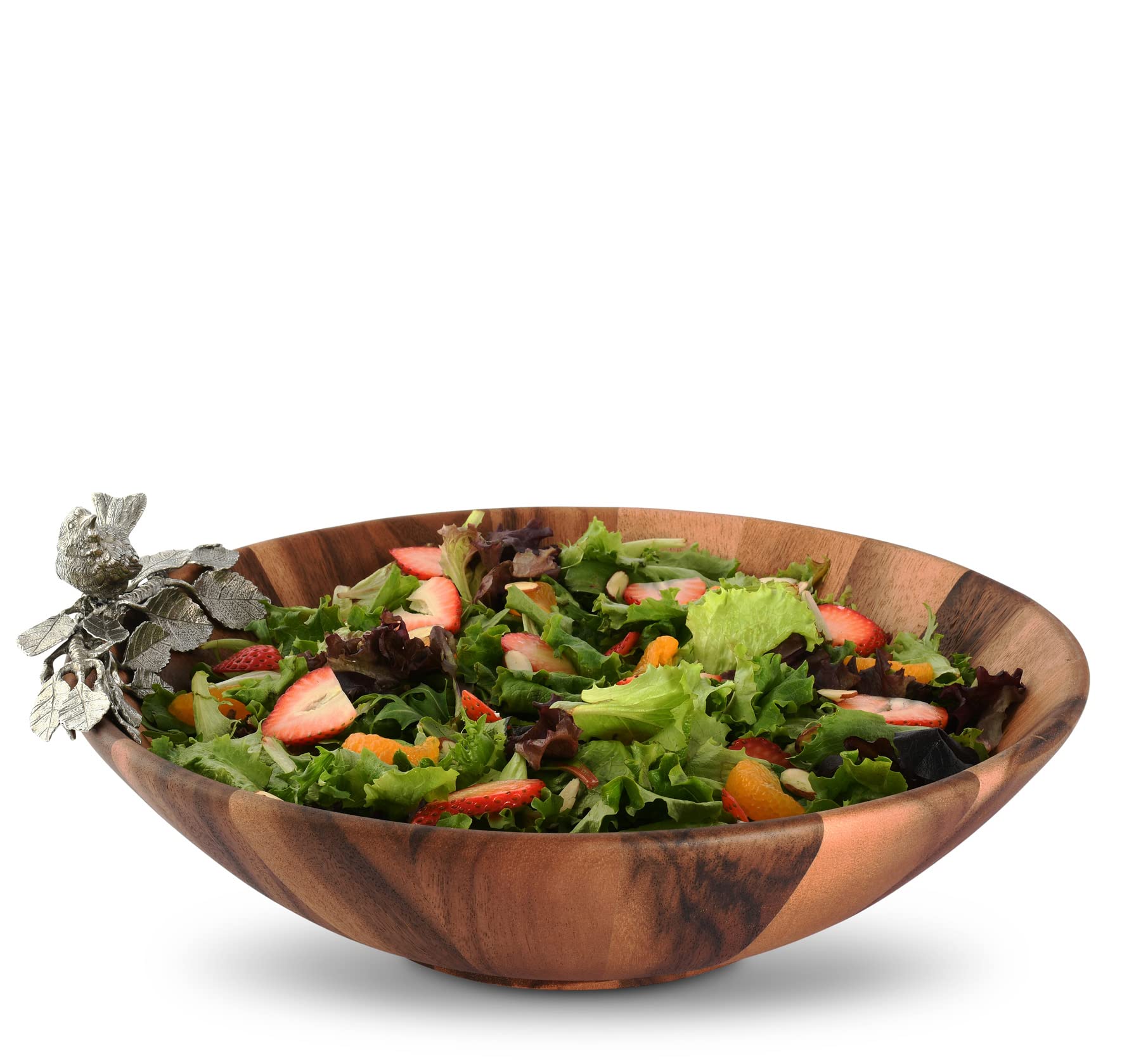 Vagabond House Acacia Wood Large Salad Serving Bowl with Pewter Song Bird 16 inch Diameter x 6 inch Tall