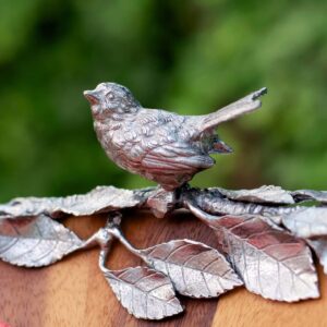 Vagabond House Acacia Wood Large Salad Serving Bowl with Pewter Song Bird 16 inch Diameter x 6 inch Tall