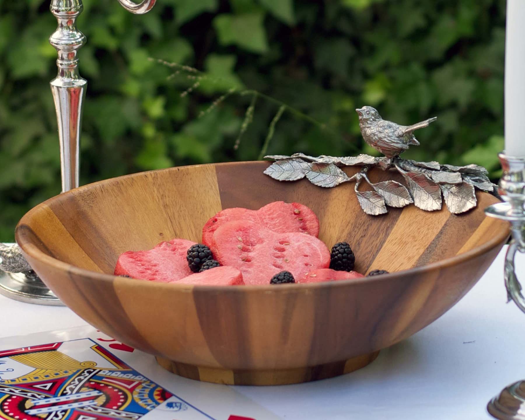 Vagabond House Acacia Wood Large Salad Serving Bowl with Pewter Song Bird 16 inch Diameter x 6 inch Tall