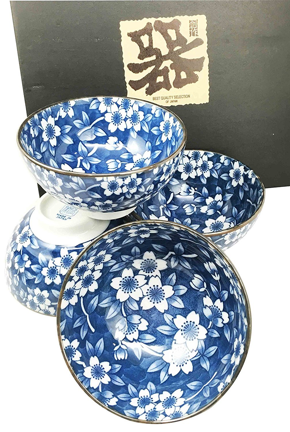 Made in Japan Blue Multi Pattern Glazed Ceramic Rice Meal Soup Dining Bowl Set 4.5" Diameter Serves Four Great Gift Housewarming Asian Living Home Decor Kitchen Accessory Serving Dishware