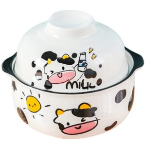 cabilock cow decor pot ceramic ramen bowl cow pattern noodle bowl microwave soup bowl porcelain dessert bowl food dish with lid pho porridge salad snacks bowl for home pots