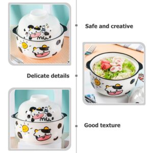 Cabilock Cow Decor Pot Ceramic Ramen Bowl Cow Pattern Noodle Bowl Microwave Soup Bowl Porcelain Dessert Bowl Food Dish with Lid Pho Porridge Salad Snacks Bowl for Home Pots