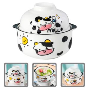 Cabilock Cow Decor Pot Ceramic Ramen Bowl Cow Pattern Noodle Bowl Microwave Soup Bowl Porcelain Dessert Bowl Food Dish with Lid Pho Porridge Salad Snacks Bowl for Home Pots