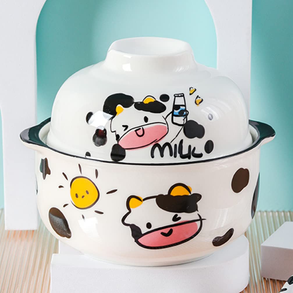 Cabilock Cow Decor Pot Ceramic Ramen Bowl Cow Pattern Noodle Bowl Microwave Soup Bowl Porcelain Dessert Bowl Food Dish with Lid Pho Porridge Salad Snacks Bowl for Home Pots