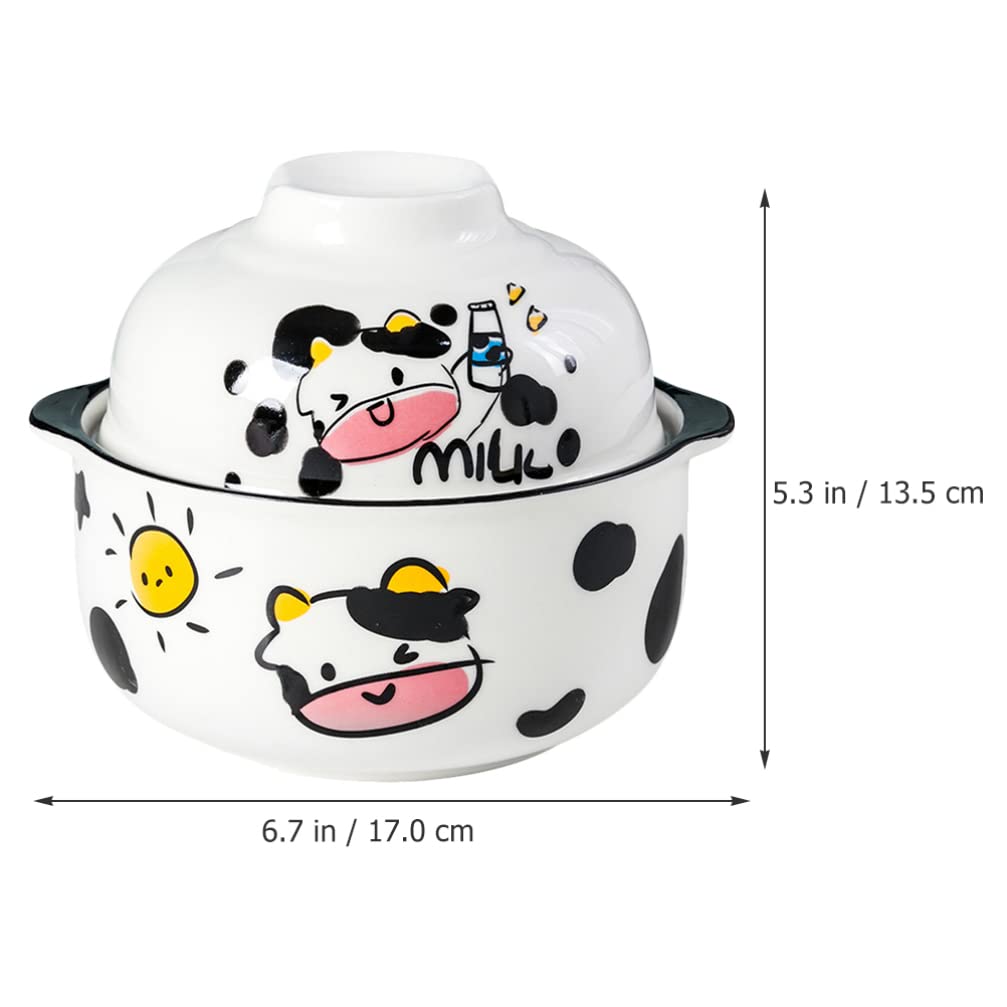 Cabilock Cow Decor Pot Ceramic Ramen Bowl Cow Pattern Noodle Bowl Microwave Soup Bowl Porcelain Dessert Bowl Food Dish with Lid Pho Porridge Salad Snacks Bowl for Home Pots