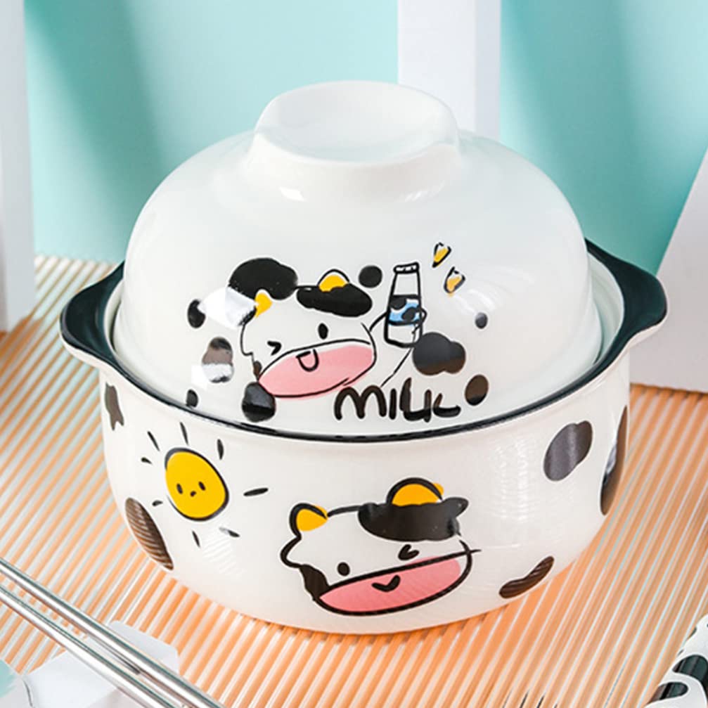 Cabilock Cow Decor Pot Ceramic Ramen Bowl Cow Pattern Noodle Bowl Microwave Soup Bowl Porcelain Dessert Bowl Food Dish with Lid Pho Porridge Salad Snacks Bowl for Home Pots