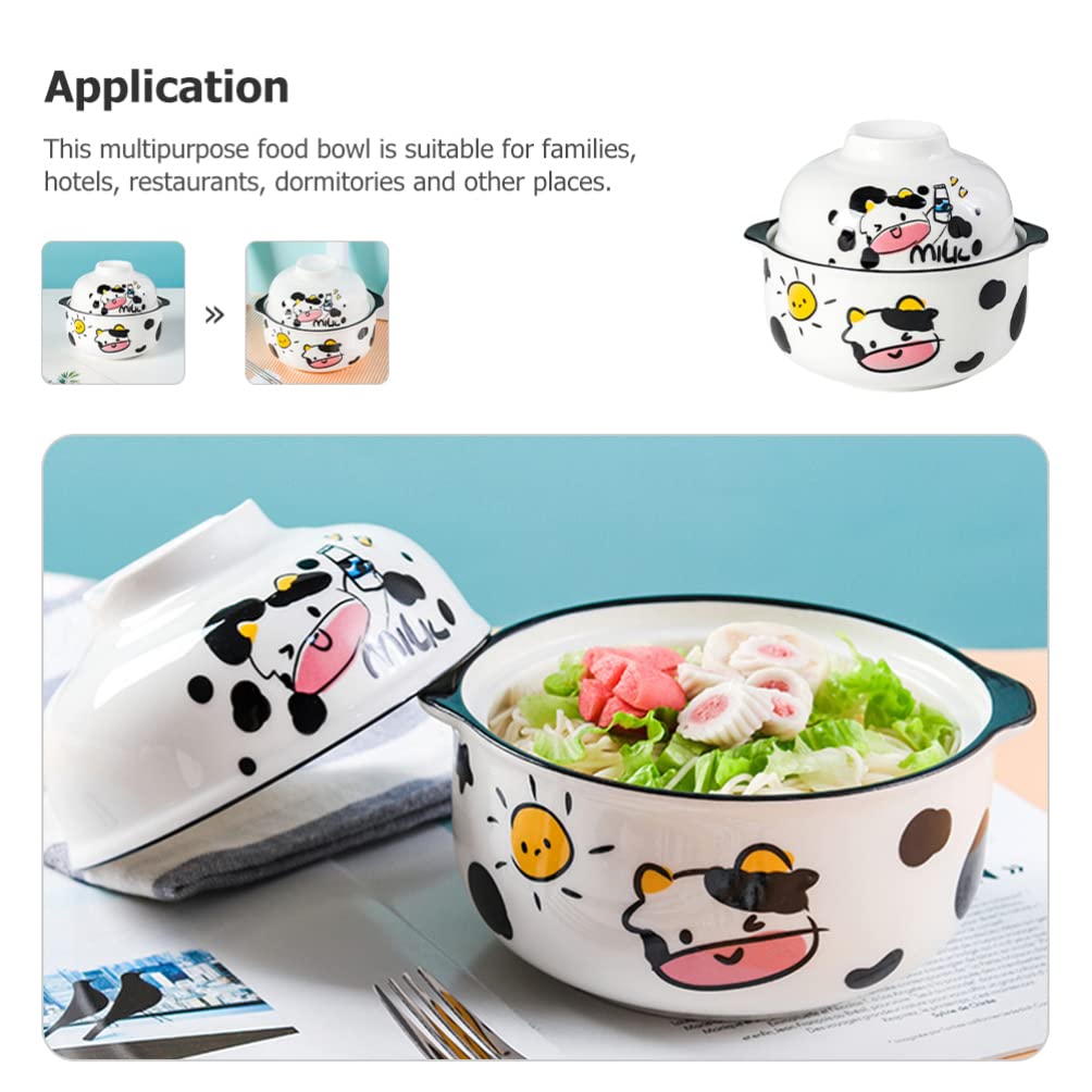 Cabilock Cow Decor Pot Ceramic Ramen Bowl Cow Pattern Noodle Bowl Microwave Soup Bowl Porcelain Dessert Bowl Food Dish with Lid Pho Porridge Salad Snacks Bowl for Home Pots