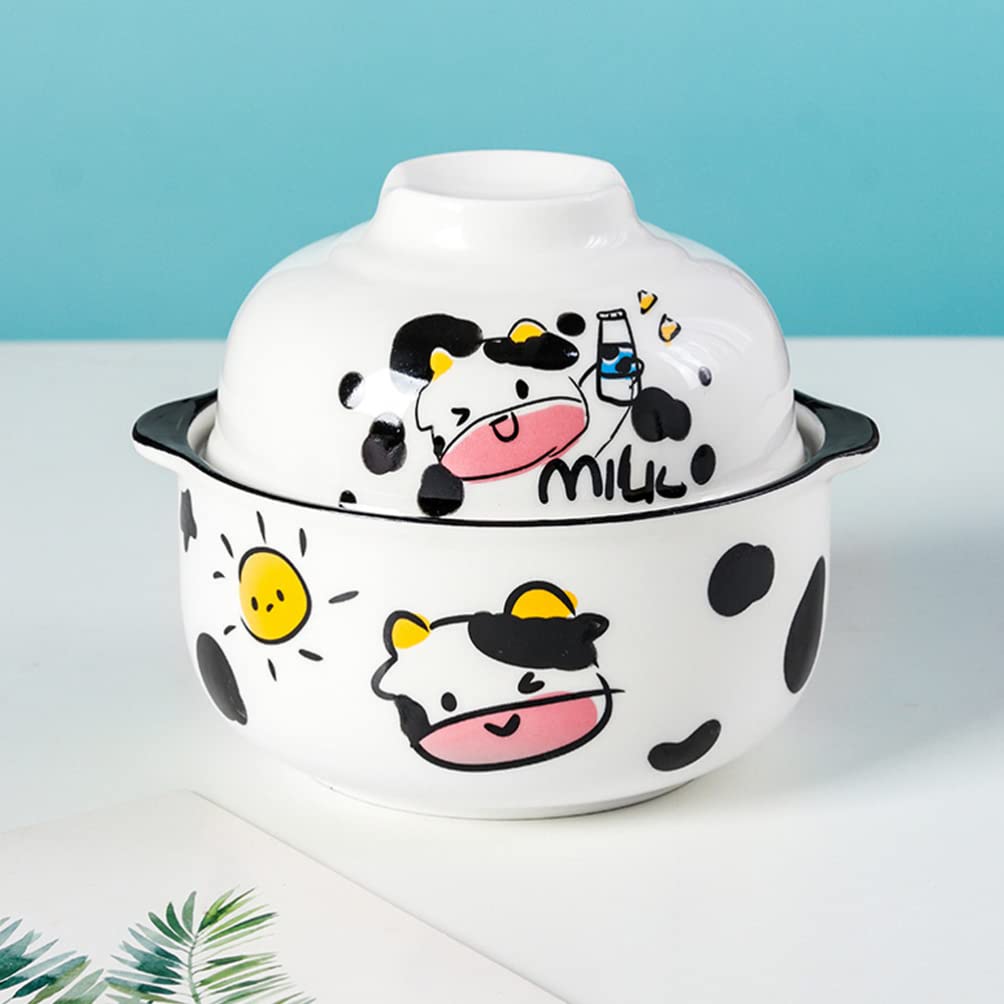 Cabilock Cow Decor Pot Ceramic Ramen Bowl Cow Pattern Noodle Bowl Microwave Soup Bowl Porcelain Dessert Bowl Food Dish with Lid Pho Porridge Salad Snacks Bowl for Home Pots