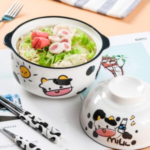 Cabilock Cow Decor Pot Ceramic Ramen Bowl Cow Pattern Noodle Bowl Microwave Soup Bowl Porcelain Dessert Bowl Food Dish with Lid Pho Porridge Salad Snacks Bowl for Home Pots