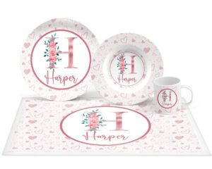 girls personalized floral roses monogram plate set, mealtime set, plate, bowl, placemat, mug - choose your pieces