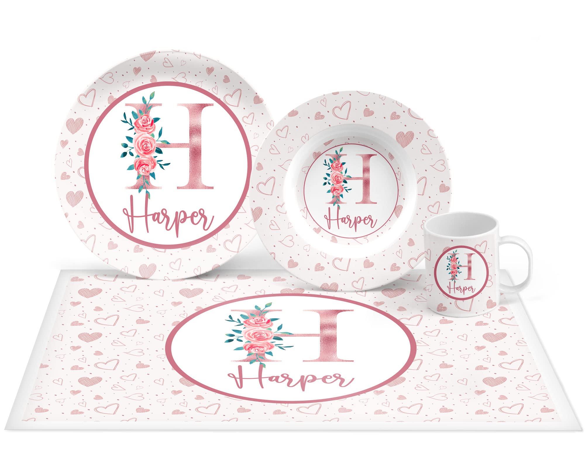 Girls Personalized Floral Roses Monogram Plate Set, Mealtime Set, Plate, Bowl, Placemat, Mug - Choose Your Pieces