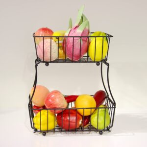 VANLAMNI 2 Tier Wire Fruit Storage Basket for Kitchen Countertop, Bread Vegetable Snack Fruit Storage Basket, Black