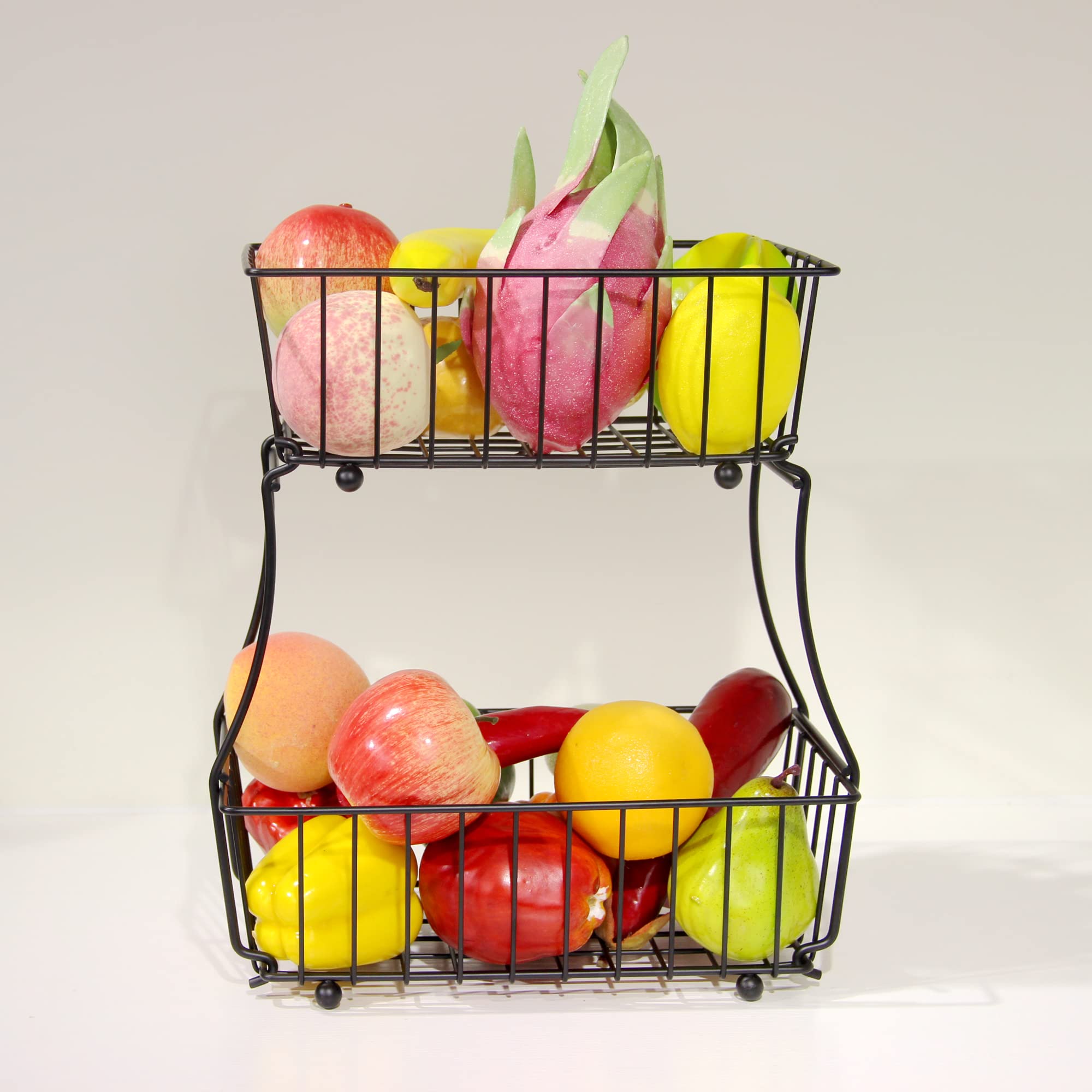 VANLAMNI 2 Tier Wire Fruit Storage Basket for Kitchen Countertop, Bread Vegetable Snack Fruit Storage Basket, Black