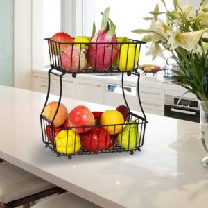 VANLAMNI 2 Tier Wire Fruit Storage Basket for Kitchen Countertop, Bread Vegetable Snack Fruit Storage Basket, Black