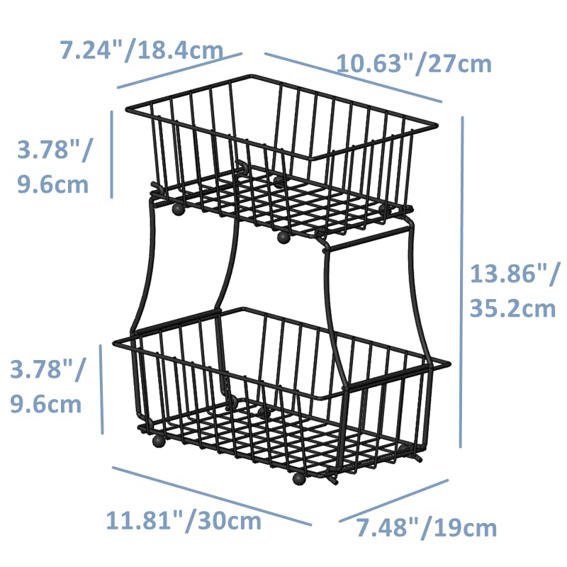 VANLAMNI 2 Tier Wire Fruit Storage Basket for Kitchen Countertop, Bread Vegetable Snack Fruit Storage Basket, Black