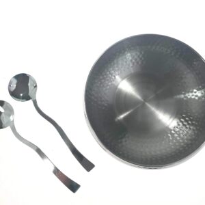 3pc Hammered Salad Bowl with 2 Serving Utensils - Complete With Matching Oversized Spoon and Fork - Use as a Salad Bowl, Fruit Bowl or Even for Pasta - Elegant and Stylish Serving Bowl