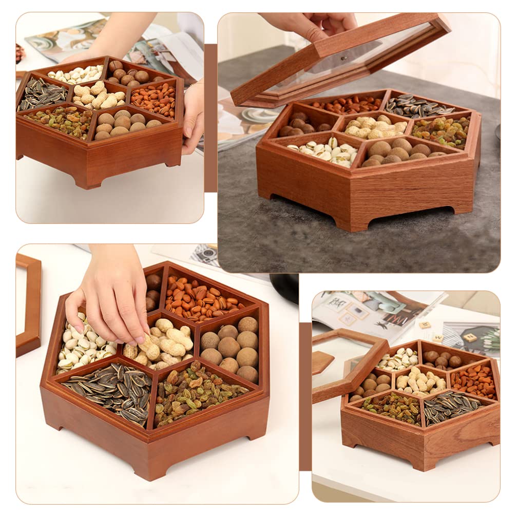 Wakauto 1pc Nut Compartment Box Spring Festival Snack Bowls Candy and Nut Serving Container Dry Food Storage Chinese Candy Tray Snack Compartmented Plate Platter Pine Wood with Cover