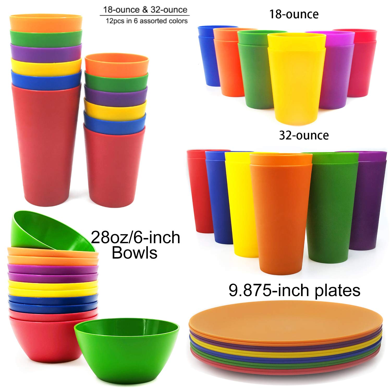 KX-WARE Plastic Bowls set of 12 - Unbreakable and Reusable 6-inch Plastic Cereal/Soup/Salad Bowls Multicolor | Microwave/Dishwasher Safe, BPA Free