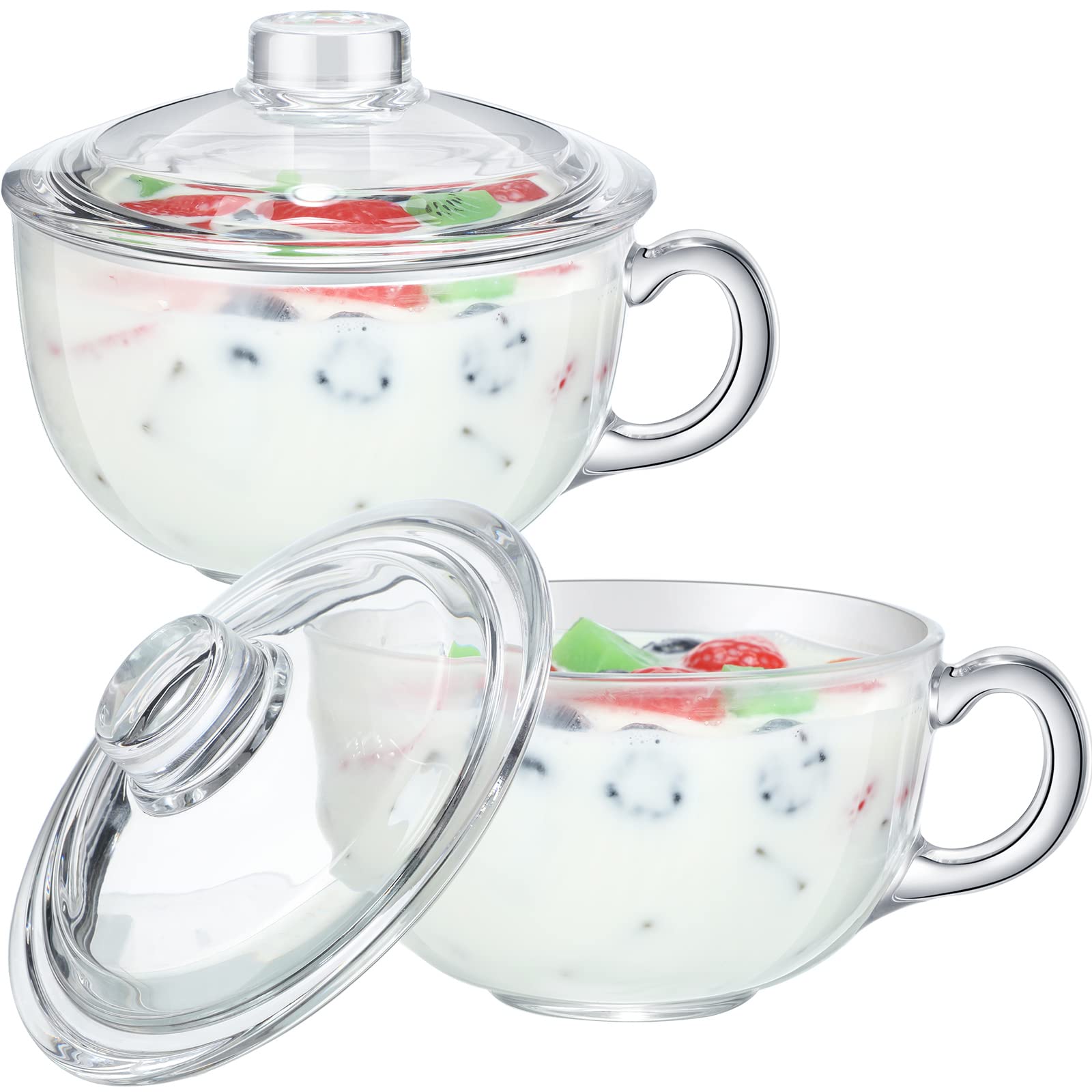 2 Pcs Transparent Ramen Bowl with Lid and Handle, Microwave Safe Glass Mixing Pot For Cooking, Cereal, Breakfast, Noodles Soup Cereals Fruits (600 ml/ 20 oz)