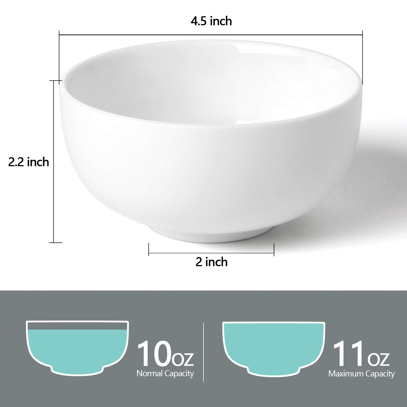 amhomel Ceramic Ice Cream Dessert Bowls, Cereal Bowls Set of 10, Porcelain Soup Bowls for Kitchen, 11 Oz Small Serving Bowls, Lead-Free, Dishwasher & Microwave Safe - White, 4.5 Inch