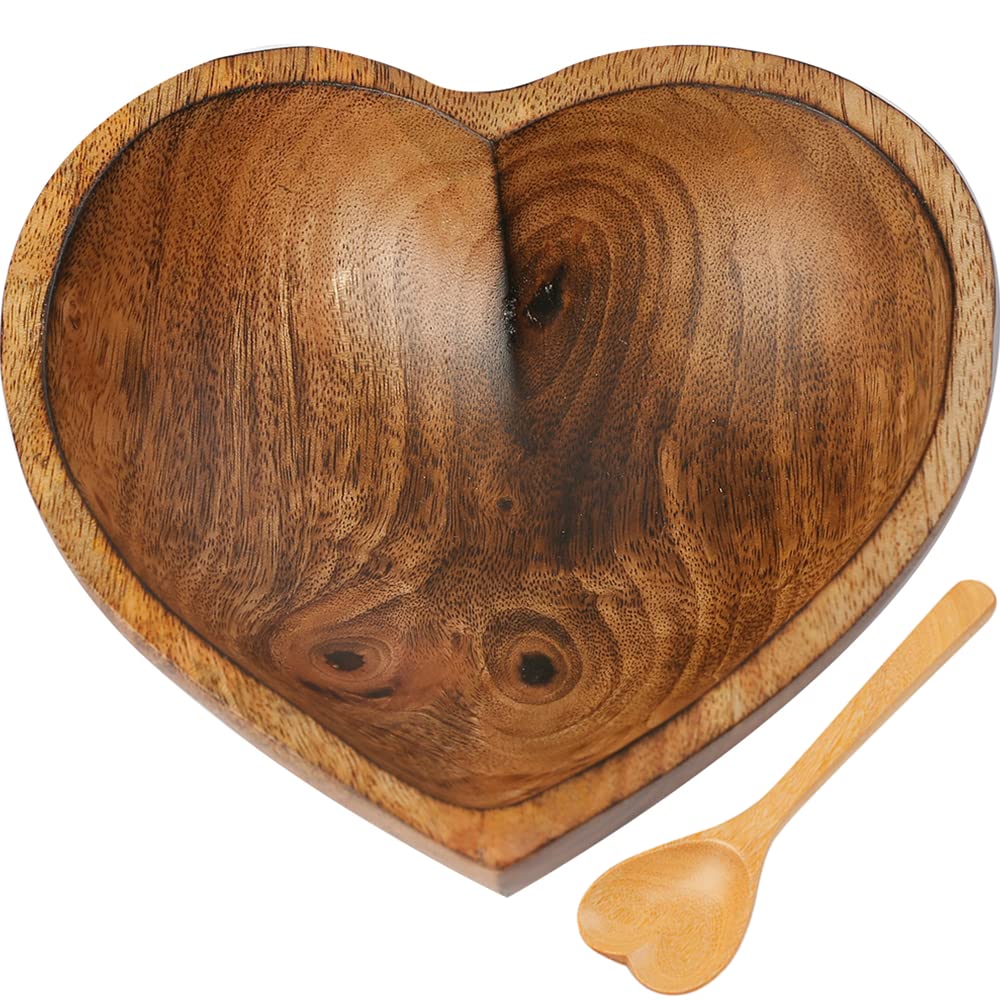 Heart Shaped Wood Bowl Wooden Bowls and Heart Shaped Spoons - Rustic Heart Bowls Decorative - for Cereal, Soup, Smoothie, Salad and Dessert (8" Set of 1)