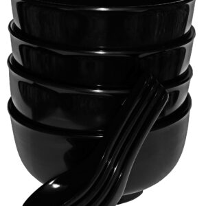 Calvin & Co Set of 4 Melamine Miso Soup Cereal Bowls and Spoons (Black, Small)