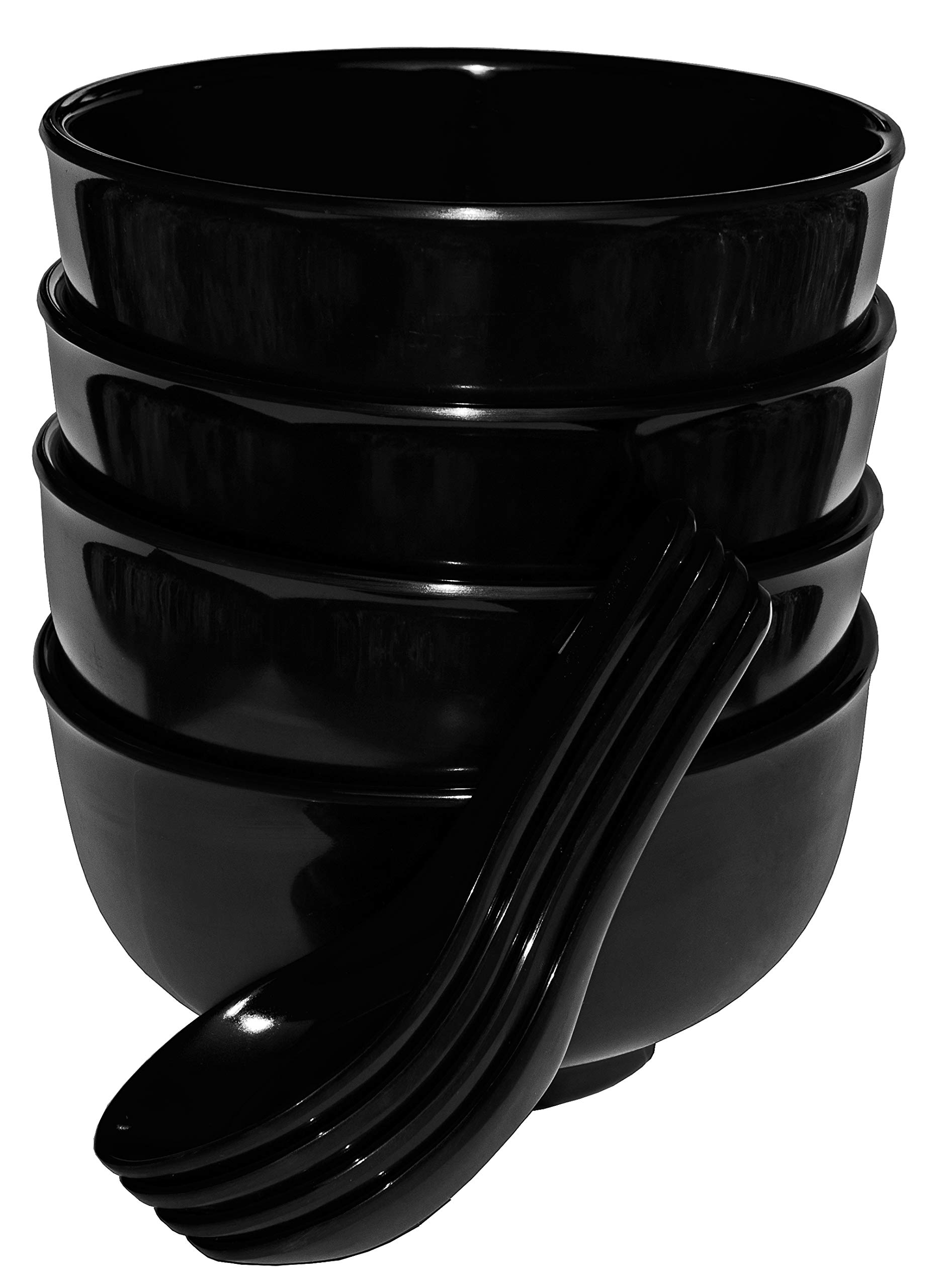 Calvin & Co Set of 4 Melamine Miso Soup Cereal Bowls and Spoons (Black, Small)