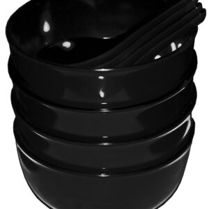 Calvin & Co Set of 4 Melamine Miso Soup Cereal Bowls and Spoons (Black, Small)