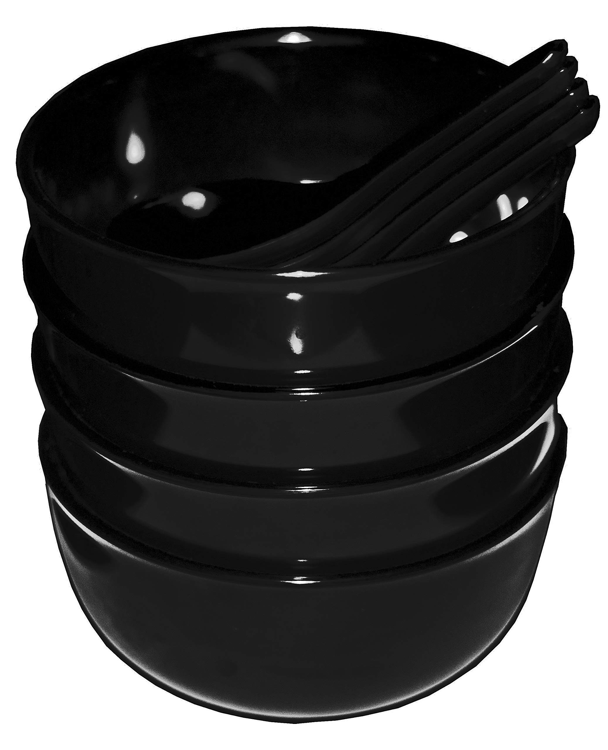 Calvin & Co Set of 4 Melamine Miso Soup Cereal Bowls and Spoons (Black, Small)