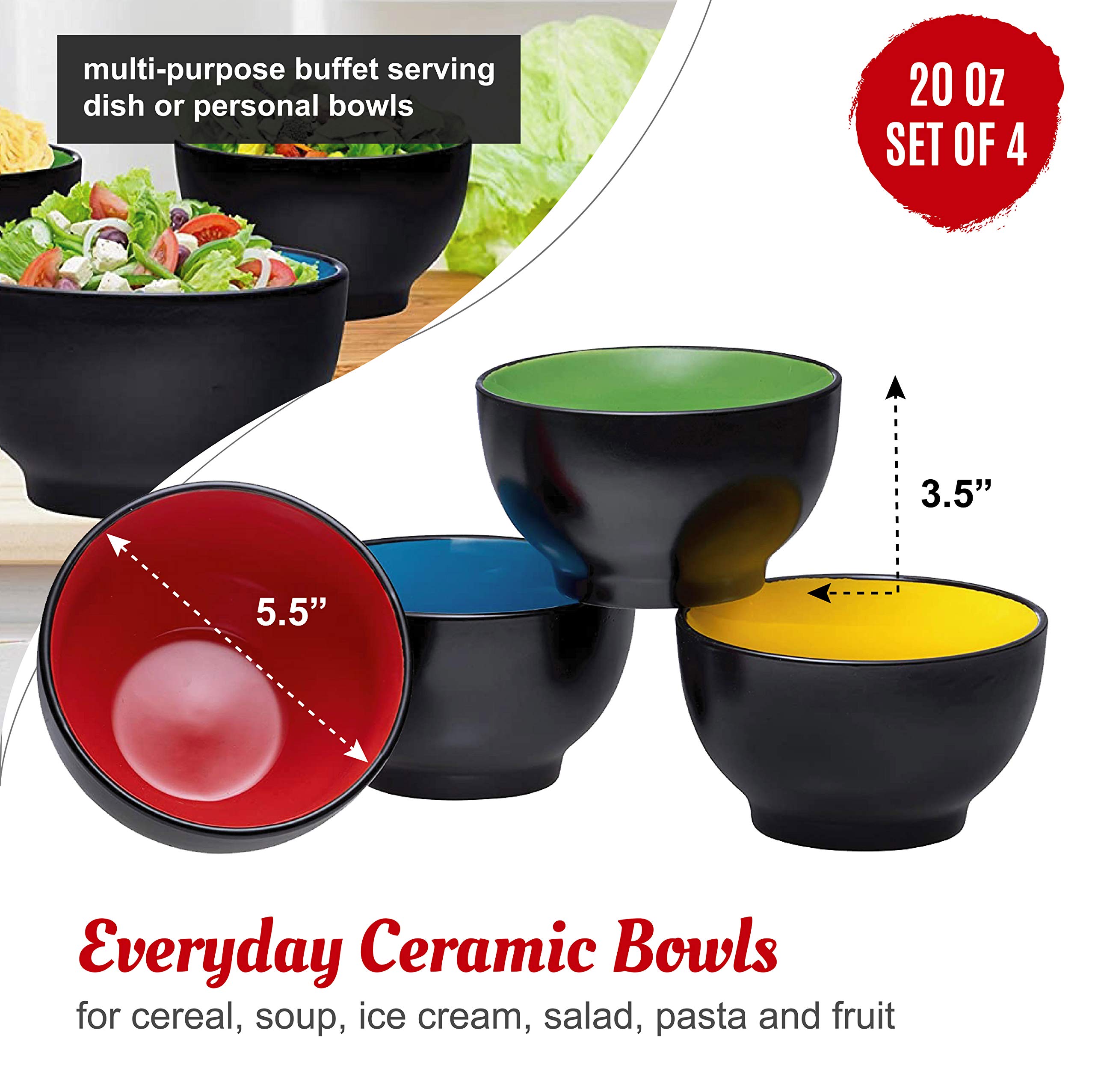 Bruntmore 20 Ounce Muti color ceramic bowls Dessert Bowls Set Of 4, 20 Oz Porcelain Dip Ice Cream Bowls, Serving Bowls,Microwave,Pasta Bowls Best for Christmas Gift