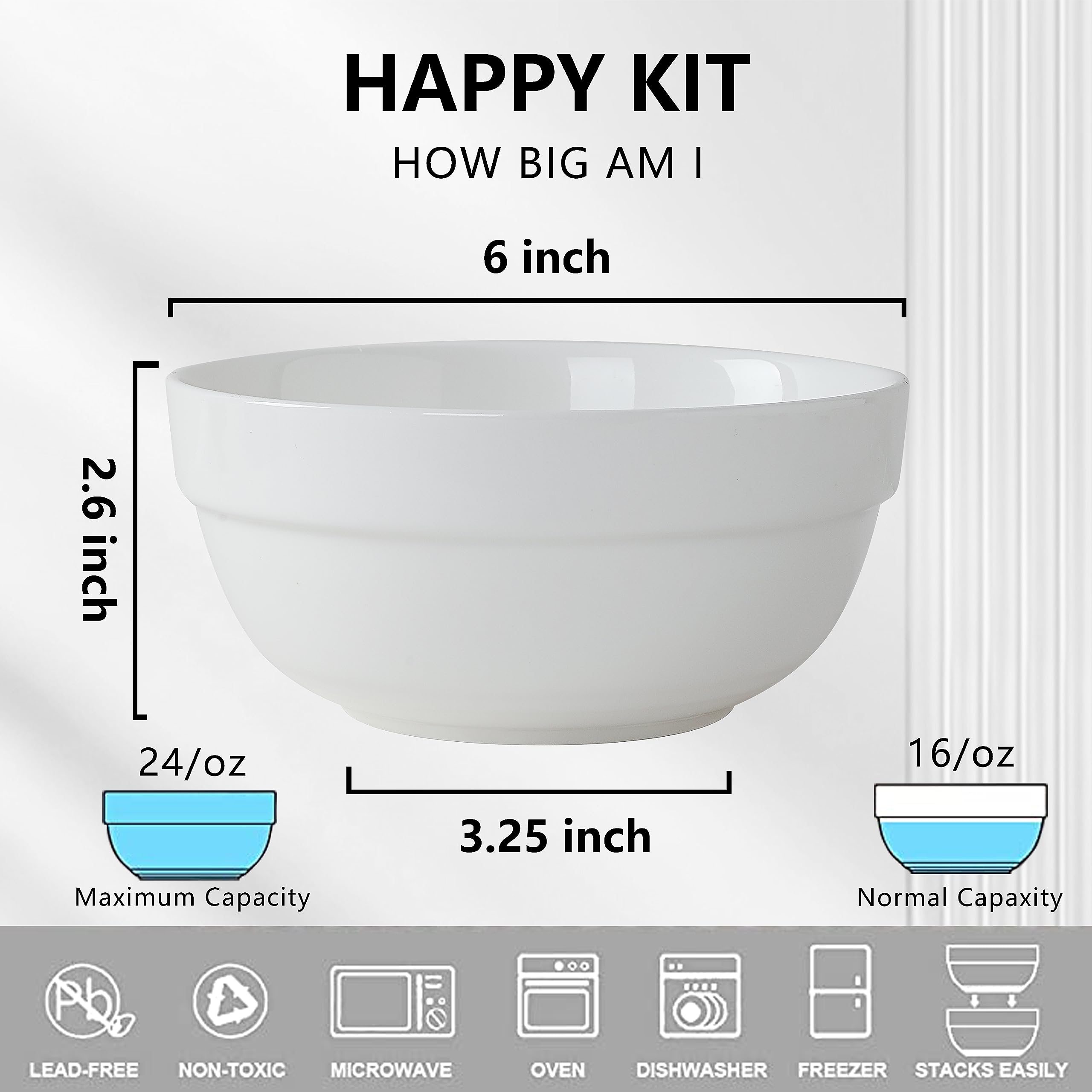 HAPPY KIT 6" Ceramic Soup Bowls, Cereal Bowls Set of 6, 24OZ Bowls for Kitchen, Serving Bowls for Cereal Soup Rice Pasta Salad Oatmeal, Thick-edge Non-slip Design, Light Blue