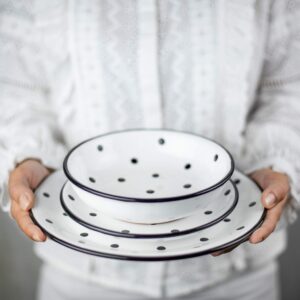 Handmade White And Black Pottery Polka Dot Glazed 7.3inch/18.5cm, 14oz/400ml Salad, Pasta, Fruit, Cereal, Soup Bowl | Unique Ceramic Dinnerware, Housewarming Gift by City to Cottage®