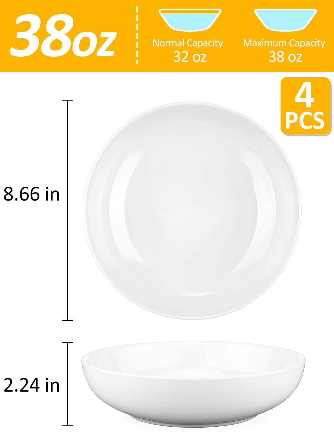 Yedio Pasta Bowls, 38 Ounces Porcelain Salad Bowls for Kitchen, Shallow Pasta Bowls Set, White Soup Bowls, Oven Dishwasher Safe, Set of 4