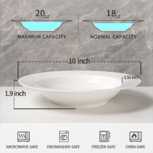 Artena Pasta Bowls 20oz, Large Salad Serving Bowls, 10 inch White Soup Bowls, Porcelain Pasta Bowls Set of 4, Rimmed Deep Pasta Plates, Wide and Shallow Bowls for Dinner, Microwave Dishwasher Safe