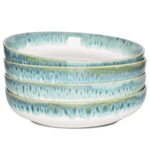 bosmarlin stoneware large pasta bowls, 40 oz, set of 4, big salad bowls, microwave and dishwasher safe (light turquoise green, 9.3 in)