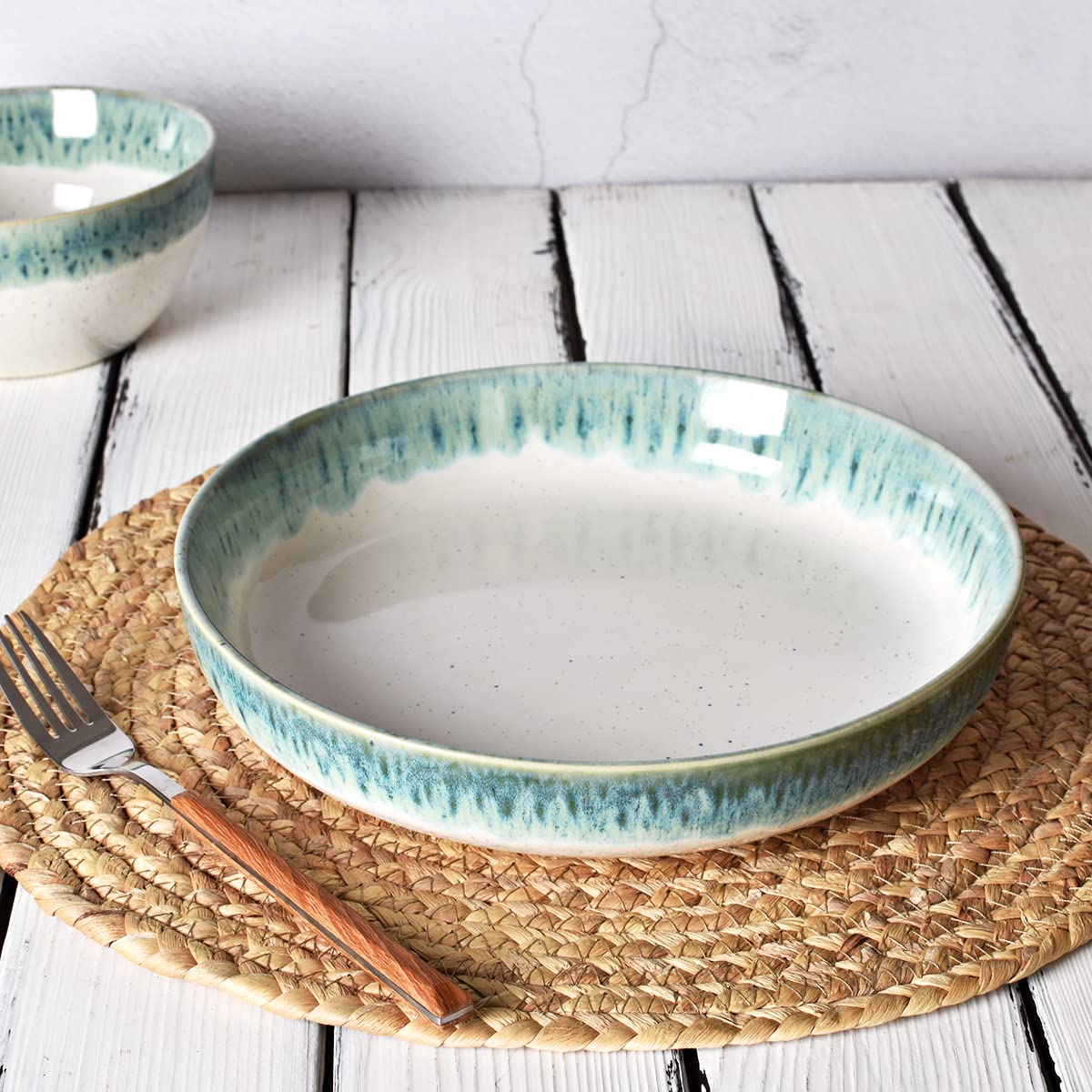 Bosmarlin Stoneware Large Pasta Bowls, 40 Oz, Set of 4, Big Salad Bowls, Microwave and Dishwasher Safe (Light Turquoise Green, 9.3 in)