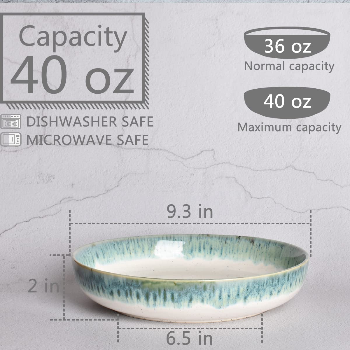 Bosmarlin Stoneware Large Pasta Bowls, 40 Oz, Set of 4, Big Salad Bowls, Microwave and Dishwasher Safe (Light Turquoise Green, 9.3 in)