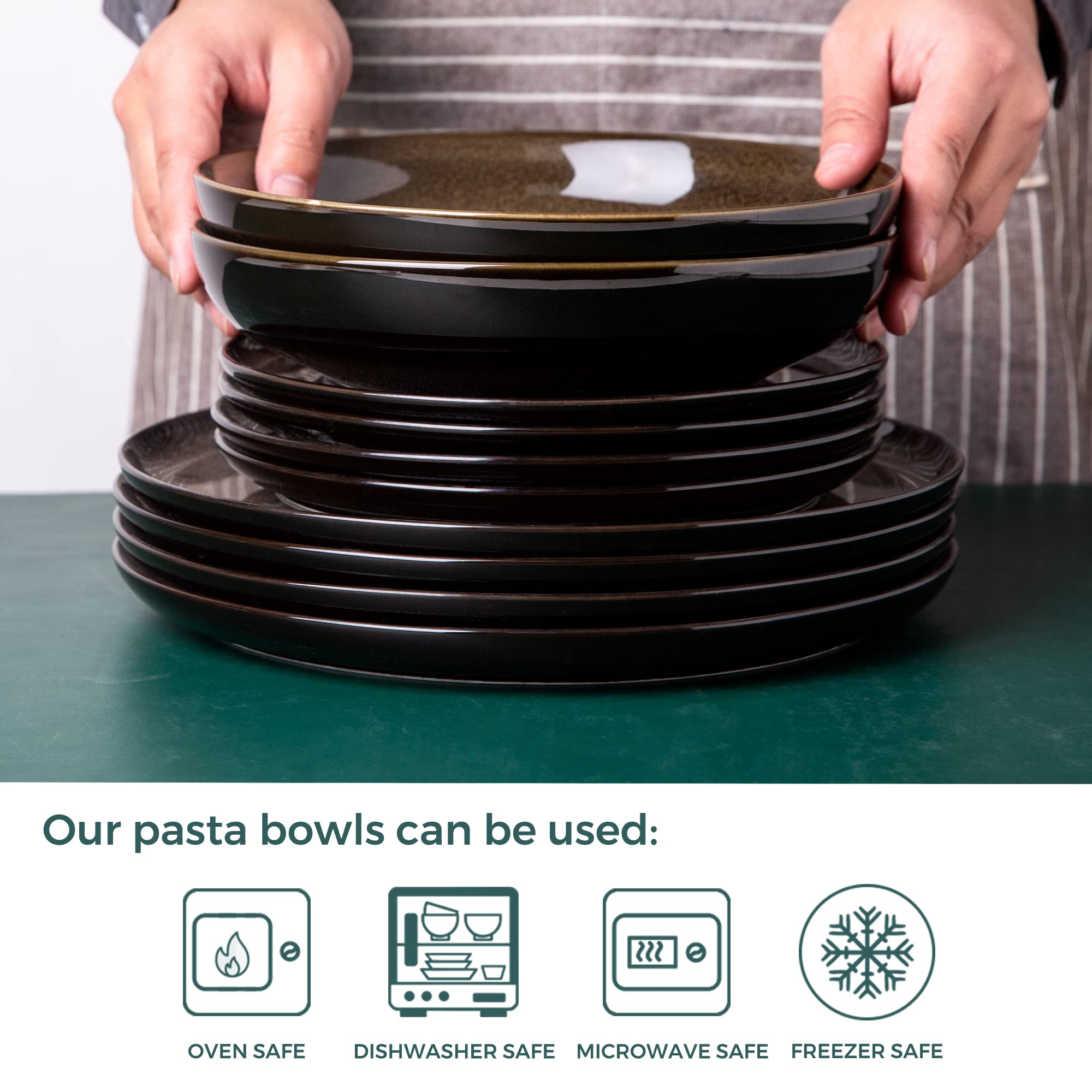 LERATIO Pasta Bowls,Ceramic 38oz Pasta Bowls,9.0" Reactive Glaze Pasta Bowl Set of 4,Microwave & Dishwasher,Oven Safe,Large Wide Serving Bowls for Salad, Dessert, Pizza,Scratch Resistant-Chestnut