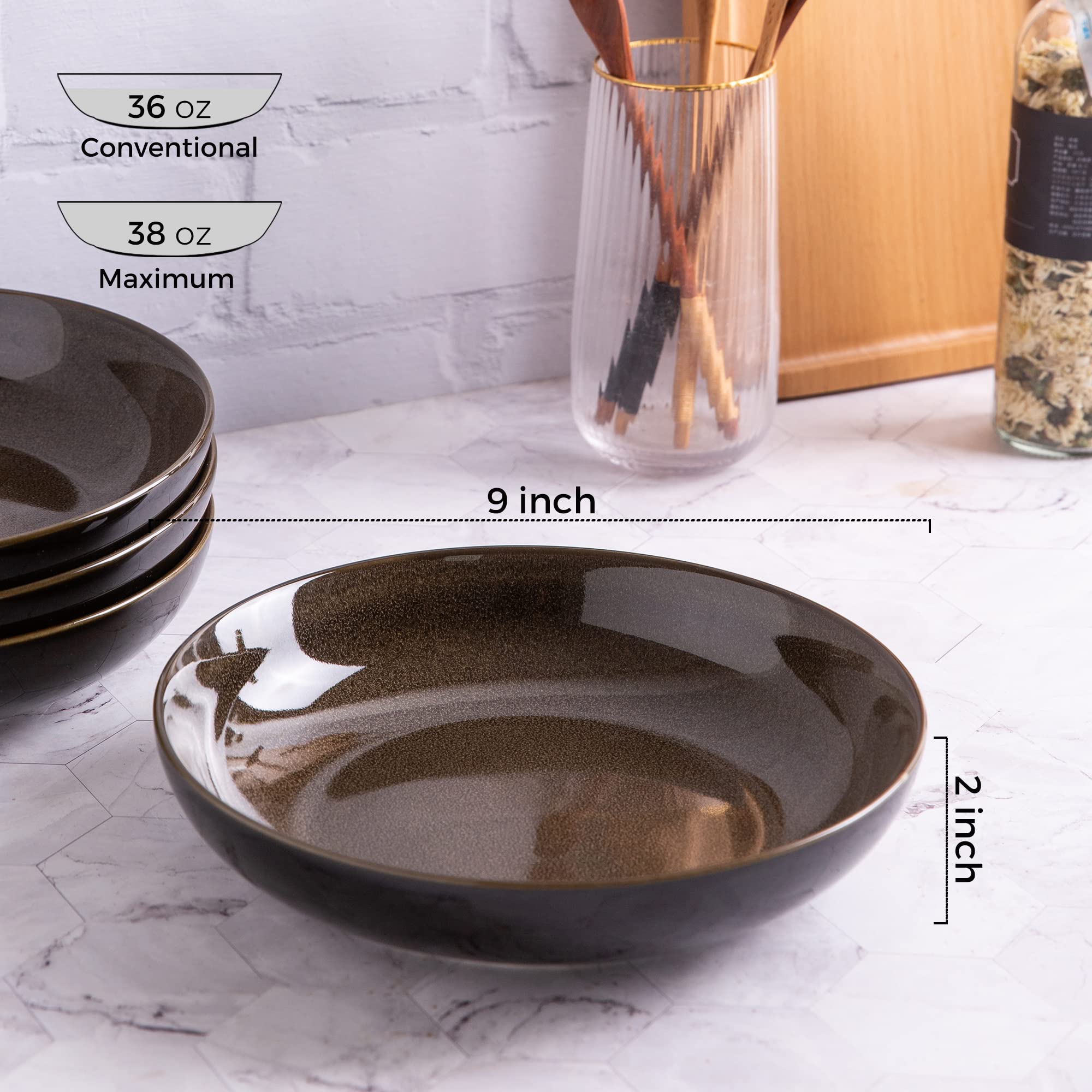 LERATIO Pasta Bowls,Ceramic 38oz Pasta Bowls,9.0" Reactive Glaze Pasta Bowl Set of 4,Microwave & Dishwasher,Oven Safe,Large Wide Serving Bowls for Salad, Dessert, Pizza,Scratch Resistant-Chestnut