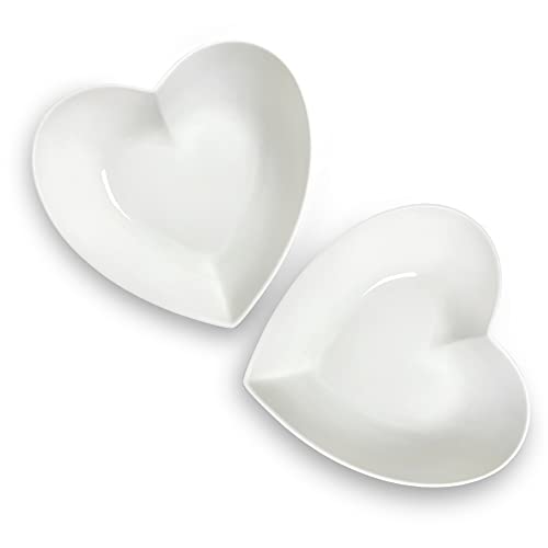 Keponbee Big Heart Shaped Bowls 2pcs Porcelain White Heart-shaped Dish for Desserts/Salad/Fruit/Pasta or Romantic Dinner, 9Inch