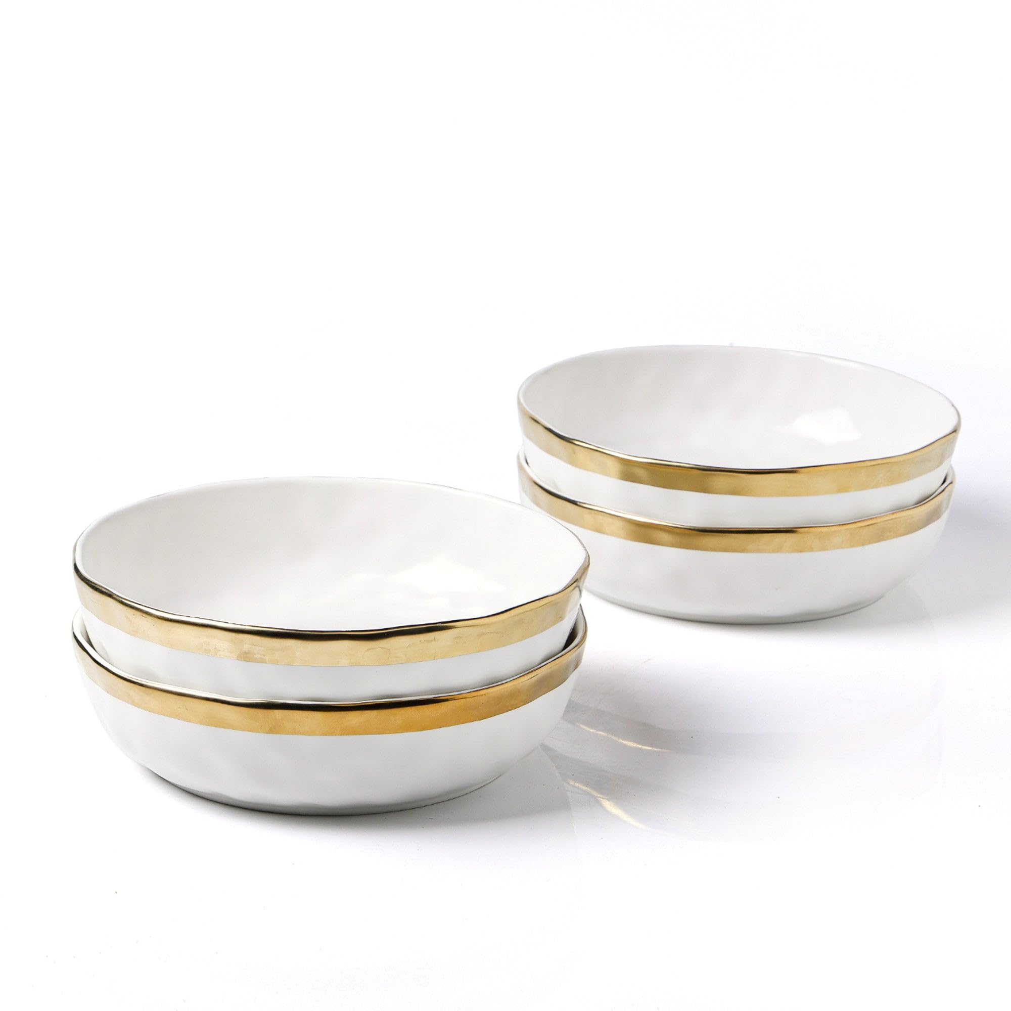 Stone Lain Florian 4-Piece Round Pasta Bowl Set, White with Gold Rim