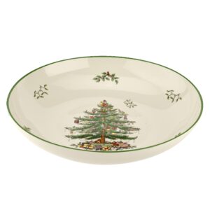 spode christmas tree collection pasta bowl, large 13 inch serving boel, dishwasher, microwave, and freezer safe, made of porcelain, serveware, christmas tree design, green/beige